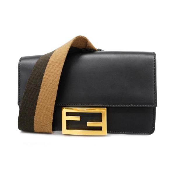 Fendi | Bags | Fendi Shoulder Bag Flat Baguette Leather Black Gold ...